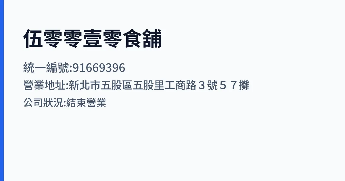 伍零零壹零食舖 - 統編 91669396（新北市） 公司登記資料與營業項目詳細圖表