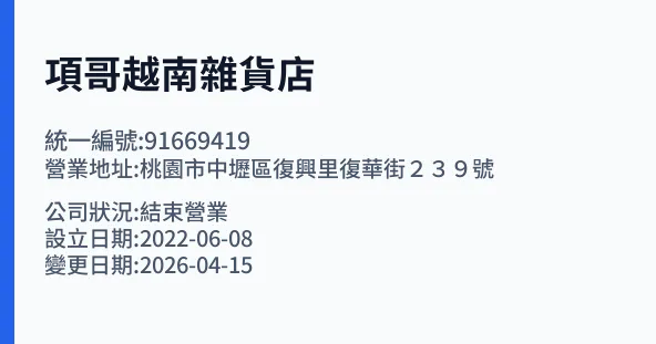 項哥越南雜貨店的照片-統編 91669419(桃園市) 公司登記資料與營業項目詳細圖表