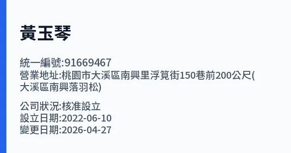 黃玉琴的照片-統編 91669467(桃園市) 公司登記資料與營業項目詳細圖表