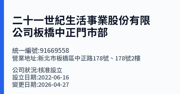 二十一世紀生活事業股份有限公司板橋中正門市部的照片-統編 91669558(新北市) 公司登記資料與營業項目詳細圖表