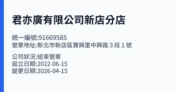 君亦廣有限公司新店分店的照片-統編 91669585(新北市) 公司登記資料與營業項目詳細圖表
