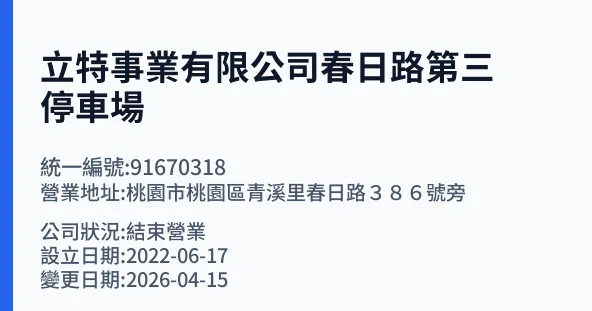 立特事業有限公司春日路第三停車場的照片-統編 91670318(桃園市) 公司登記資料與營業項目詳細圖表