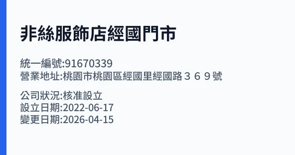 非絲服飾店經國門市的照片-統編 91670339(桃園市) 公司登記資料與營業項目詳細圖表