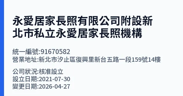 永愛居家長照有限公司附設新北市私立永愛居家長照機構的照片-統編 91670582(新北市) 公司登記資料與營業項目詳細圖表