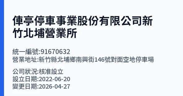 俥亭停車事業股份有限公司新竹北埔營業所的照片-統編 91670632(新竹縣) 公司登記資料與營業項目詳細圖表