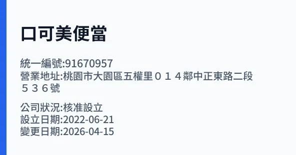 口可美便當的照片-統編 91670957(桃園市) 公司登記資料與營業項目詳細圖表