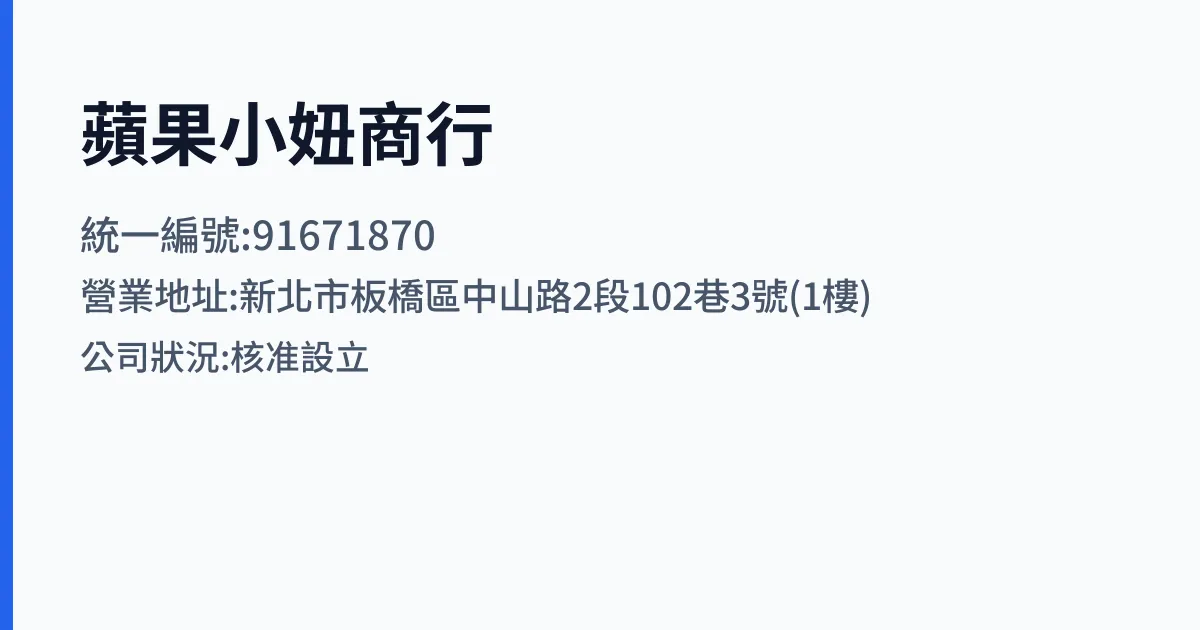 蘋果小妞商行 - 統編 91671870（新北市） 公司登記資料與營業項目詳細圖表