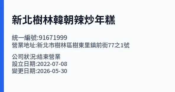 新北樹林韓朝辣炒年糕的照片-統編 91671999(新北市) 公司登記資料與營業項目詳細圖表