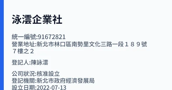 泳澐企業社的照片-統編 91672821(新北市) 公司登記資料與營業項目詳細圖表