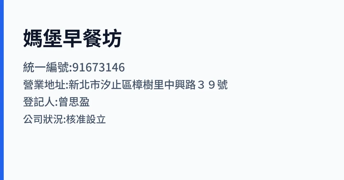 媽堡早餐坊 - 統編 91673146(新北市) 公司登記資料與營業項目詳細圖表