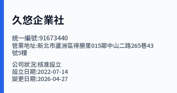 久悠企業社的照片-統編 91673440(新北市) 公司登記資料與營業項目詳細圖表