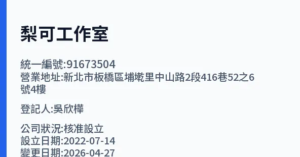 梨可工作室的照片-統編 91673504(新北市) 公司登記資料與營業項目詳細圖表