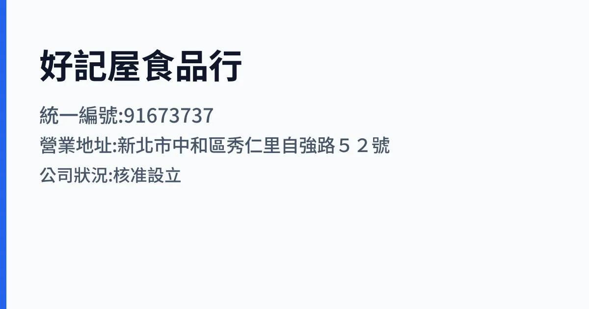 好記屋食品行 - 統編 91673737（新北市） 公司登記資料與營業項目詳細圖表