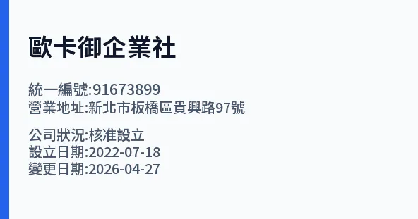 歐卡御企業社的照片-統編 91673899(新北市) 公司登記資料與營業項目詳細圖表