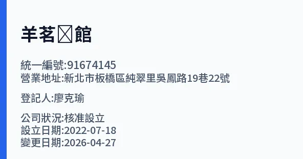 羊茗湌館的照片-統編 91674145(新北市) 公司登記資料與營業項目詳細圖表