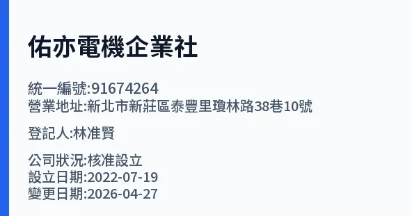 佑亦電機企業社的照片-統編 91674264(新北市) 公司登記資料與營業項目詳細圖表