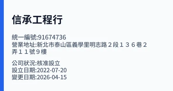 信承工程行的照片-統編 91674736(新北市) 公司登記資料與營業項目詳細圖表