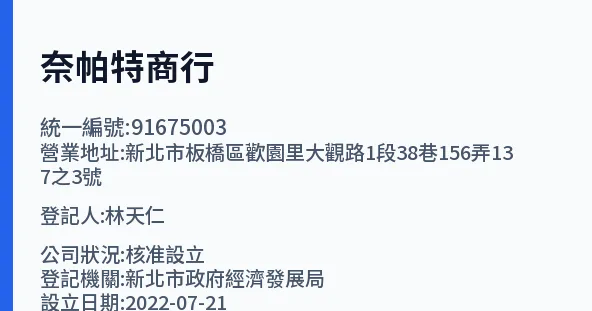 奈帕特商行的照片-統編 91675003(新北市) 公司登記資料與營業項目詳細圖表