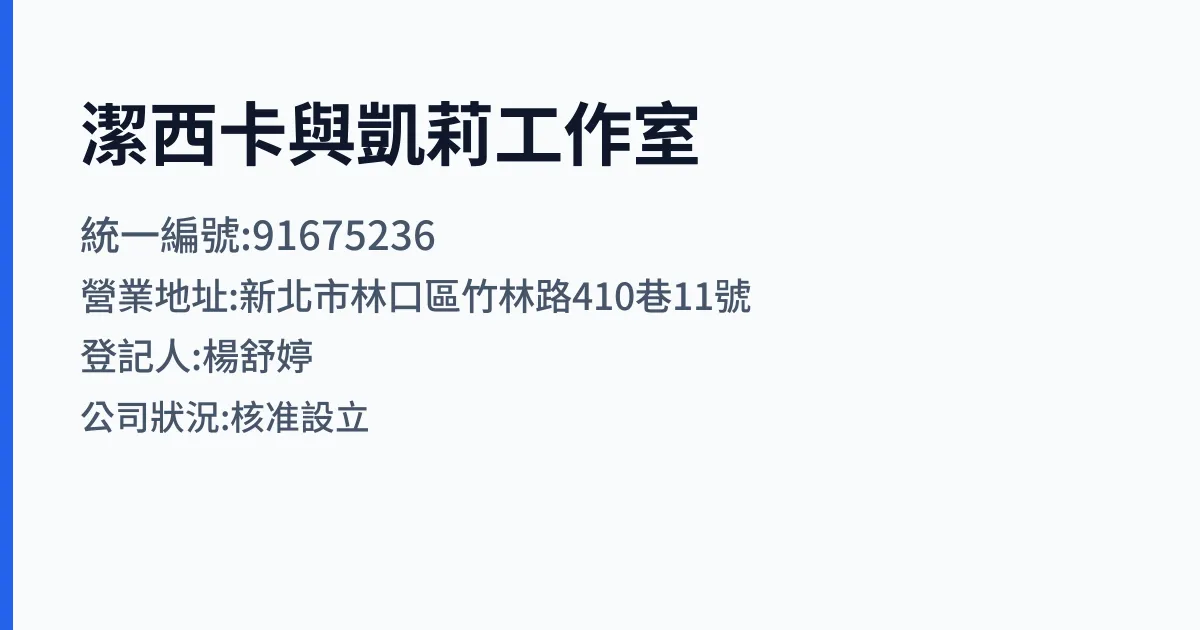潔西卡與凱莉工作室 - 統編 91675236(新北市) 公司登記資料與營業項目詳細圖表
