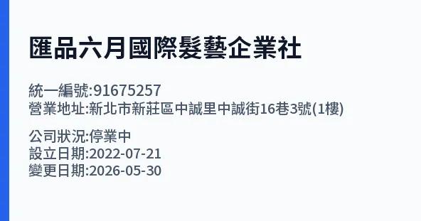 匯品六月國際髮藝企業社的照片-統編 91675257(新北市) 公司登記資料與營業項目詳細圖表