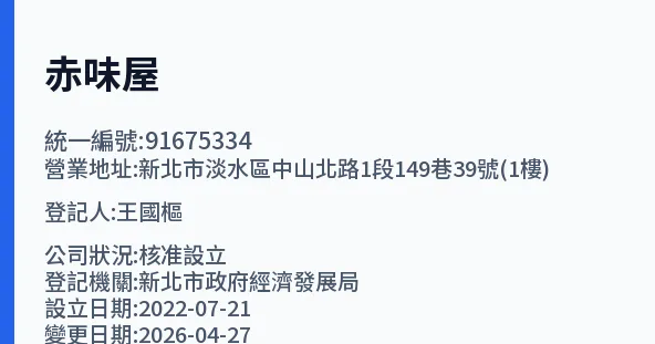 赤味屋的照片-統編 91675334(新北市) 公司登記資料與營業項目詳細圖表