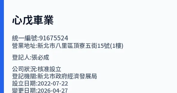 心戊車業的照片-統編 91675524(新北市) 公司登記資料與營業項目詳細圖表