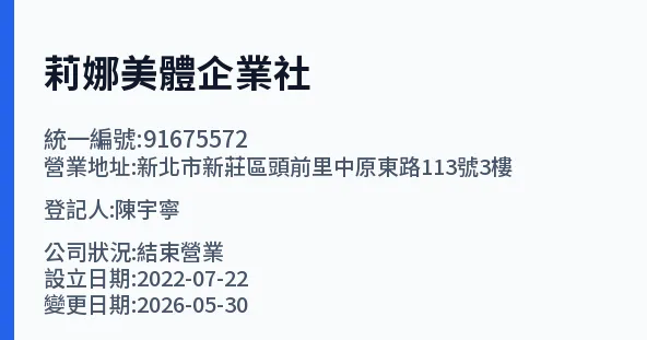 莉娜美體企業社的照片-統編 91675572(新北市) 公司登記資料與營業項目詳細圖表