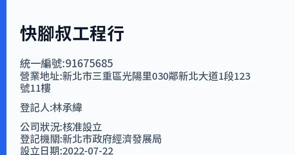 快腳叔工程行的照片-統編 91675685(新北市) 公司登記資料與營業項目詳細圖表