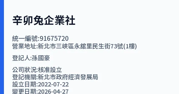 辛卯兔企業社的照片-統編 91675720(新北市) 公司登記資料與營業項目詳細圖表