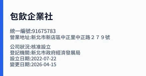 包飲企業社的照片-統編 91675783(新北市) 公司登記資料與營業項目詳細圖表