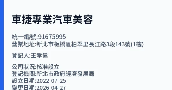 車捷專業汽車美容的照片-統編 91675995(新北市) 公司登記資料與營業項目詳細圖表