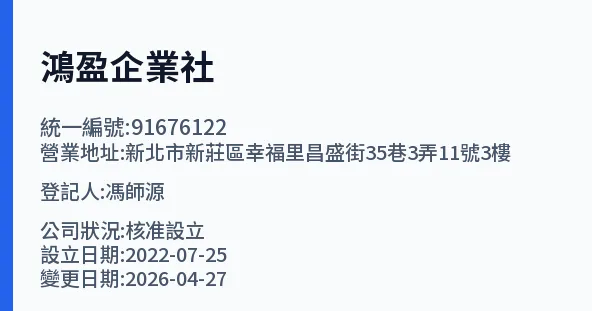 鴻盈企業社的照片-統編 91676122(新北市) 公司登記資料與營業項目詳細圖表