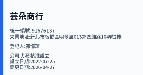 芸朵商行的照片-統編 91676137(新北市) 公司登記資料與營業項目詳細圖表