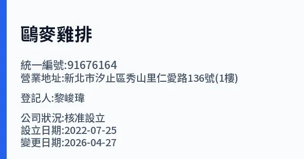 鷗麥雞排的照片-統編 91676164(新北市) 公司登記資料與營業項目詳細圖表