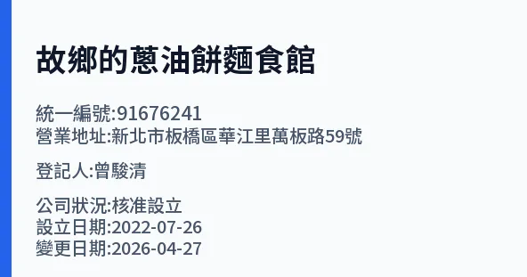 故鄉的蔥油餅麵食館的照片-統編 91676241(新北市) 公司登記資料與營業項目詳細圖表