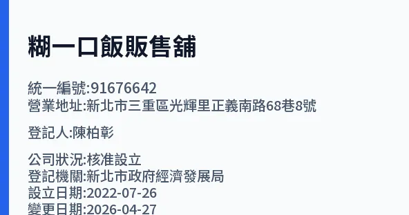 糊一口飯販售舖的照片-統編 91676642(新北市) 公司登記資料與營業項目詳細圖表
