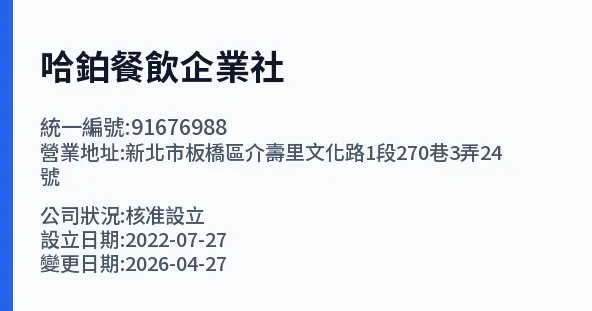 哈鉑餐飲企業社的照片-統編 91676988(新北市) 公司登記資料與營業項目詳細圖表
