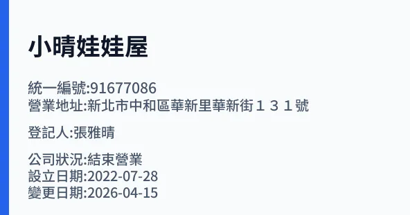 小晴娃娃屋的照片-統編 91677086(新北市) 公司登記資料與營業項目詳細圖表