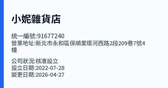 小妮雜貨店的照片-統編 91677240(新北市) 公司登記資料與營業項目詳細圖表