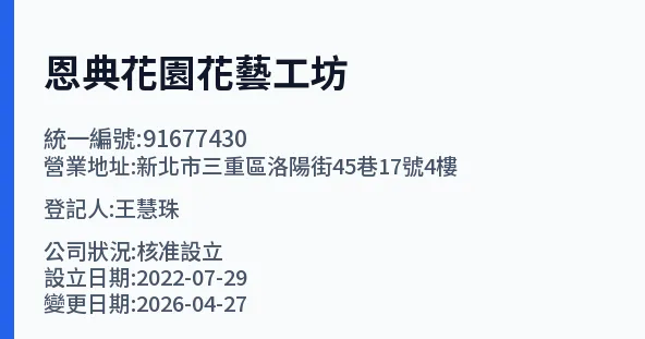 恩典花園花藝工坊的照片-統編 91677430(新北市) 公司登記資料與營業項目詳細圖表