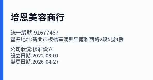 培恩美容商行的照片-統編 91677467(新北市) 公司登記資料與營業項目詳細圖表
