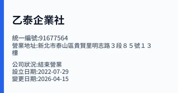 乙泰企業社的照片-統編 91677564(新北市) 公司登記資料與營業項目詳細圖表