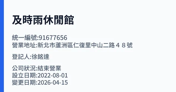 及時雨休閒館的照片-統編 91677656(新北市) 公司登記資料與營業項目詳細圖表
