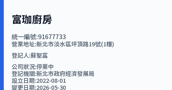 富珈廚房的照片-統編 91677733(新北市) 公司登記資料與營業項目詳細圖表