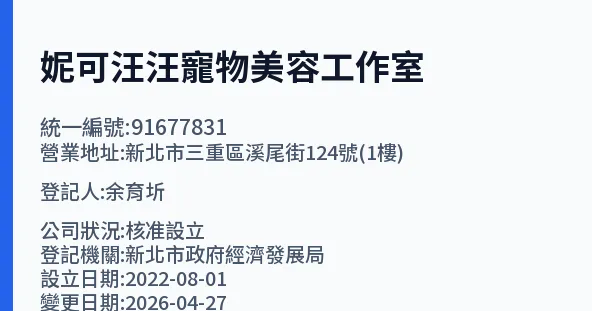 妮可汪汪寵物美容工作室的照片-統編 91677831(新北市) 公司登記資料與營業項目詳細圖表