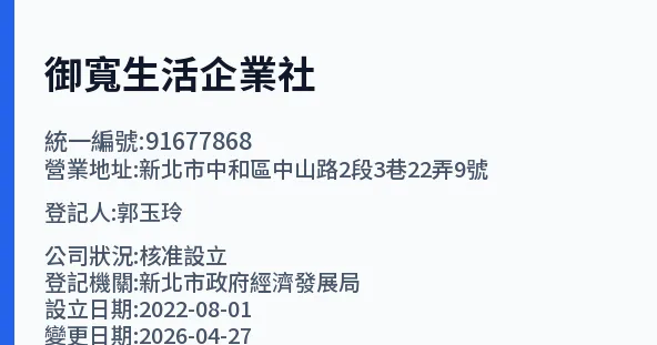 御寬生活企業社的照片-統編 91677868(新北市) 公司登記資料與營業項目詳細圖表