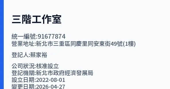 三階工作室的照片-統編 91677874(新北市) 公司登記資料與營業項目詳細圖表