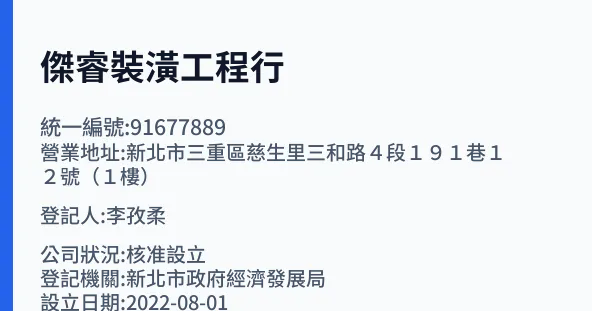 傑睿裝潢工程行的照片-統編 91677889(新北市) 公司登記資料與營業項目詳細圖表