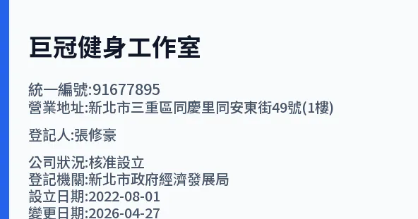 巨冠健身工作室的照片-統編 91677895(新北市) 公司登記資料與營業項目詳細圖表