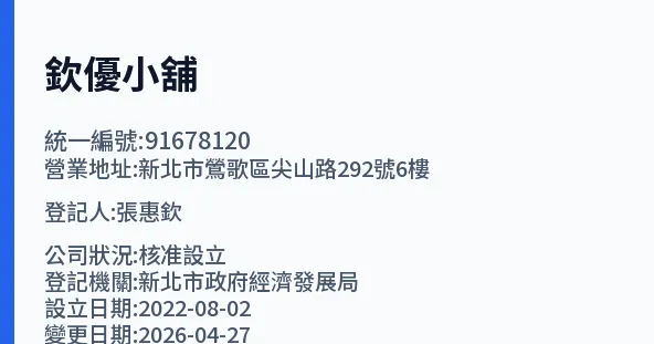 欽優小舖的照片-統編 91678120(新北市) 公司登記資料與營業項目詳細圖表